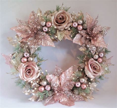 Rose Gold Blush Pink Champagne Christmas Wreath W Roses Poinsettias