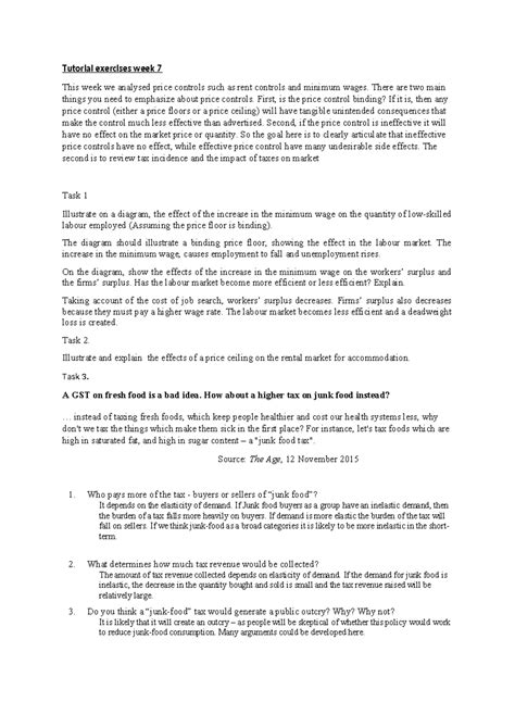 Week 7 Tutorial Exercises Tutorial Exercises Week 7 This Week We Analysed Price Controls Such