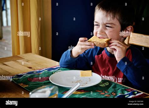 Little Boy At Breakfast Table Biting In Toast And Slice Of Processed