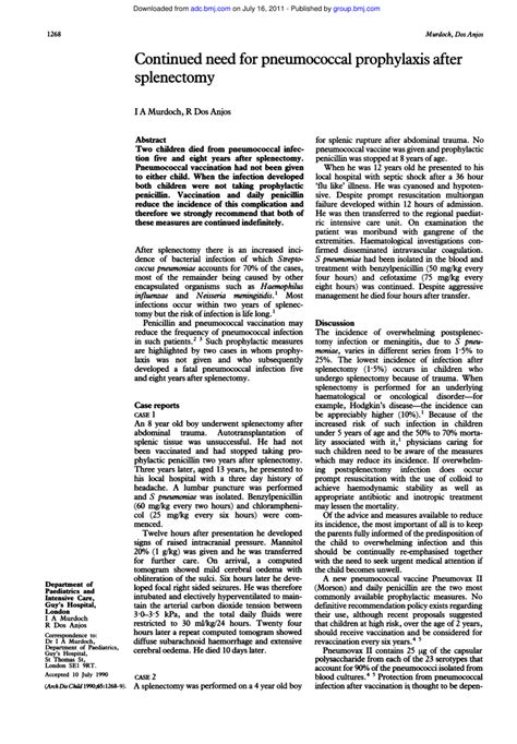 Pdf Continued Need For Pneumococcal Prophylaxis After Splenectomy
