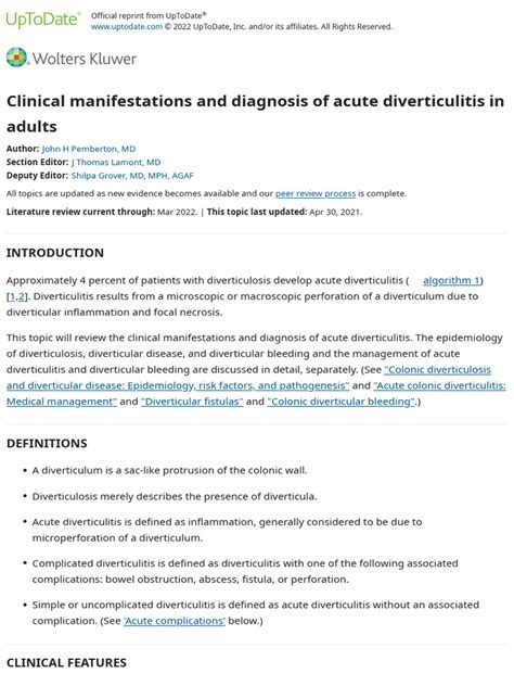 Clinical Manifestations And Diagnosis Of Acute Diverticulitis In Adults