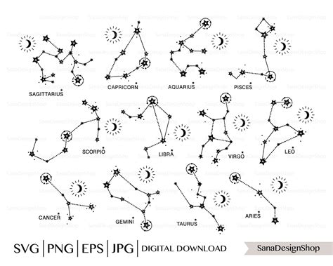 Zodiac Constellation Svg Bundle Star Sign Clipart Digital Download