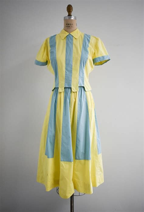 1950s Doris Dodson Yellow And Aqua Blouse And Skirt S Gem