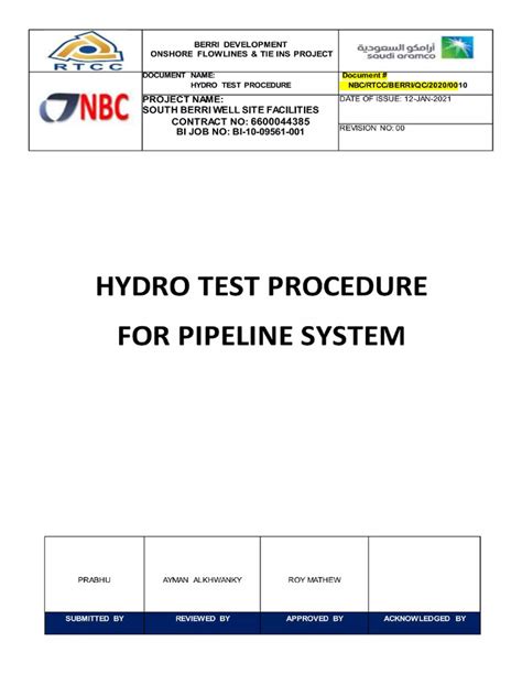 Hydrotest Procedure For Pipeline System 01 Pdf