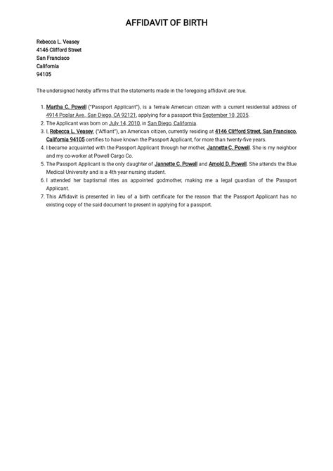 Affidavit Of Birth Template
