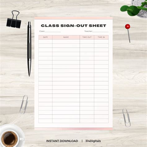 Class Sign Out Sheet Instant Download Printable Sign Out Sheet
