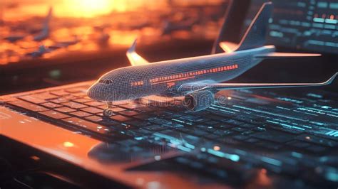 Futuristic Aircraft Model On Laptop Keyboard With Digital Grid Overlay Stock Image Image Of
