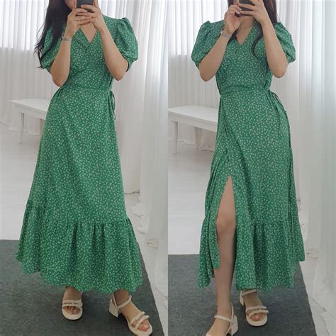 Yimma 랩 퍼프 별꽃 쉬폰 롱 원피스 잔꽃 맥시 그린 초록색 블루 비치 휴가 여행