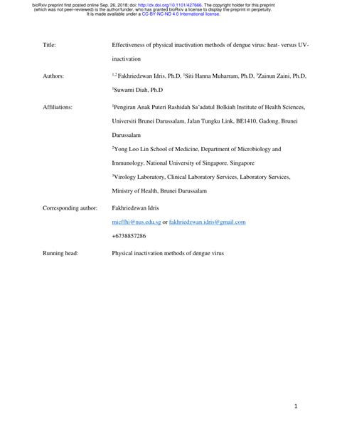 Pdf Effectiveness Of Physical Inactivation Methods Of Dengue Virus