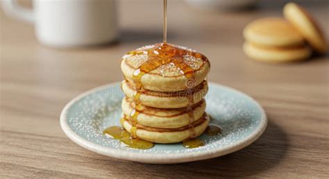 Mini Pancakes Stack With Syrup Drizzle On Teal Plate Stock Illustration