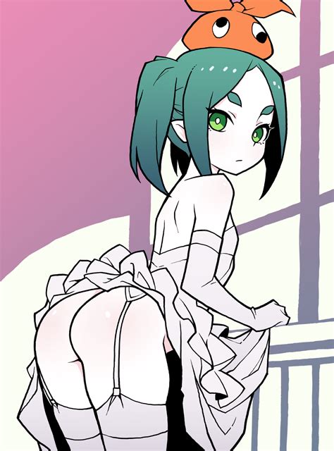 Akableak Ononoki Yotsugi Monogatari Series Highres 1girl Aqua Hair Ass Bare Back Bare