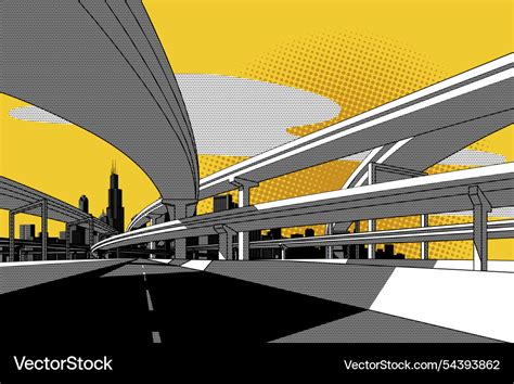 Black And White Line Drawing Of Highway Overpass Vector Image