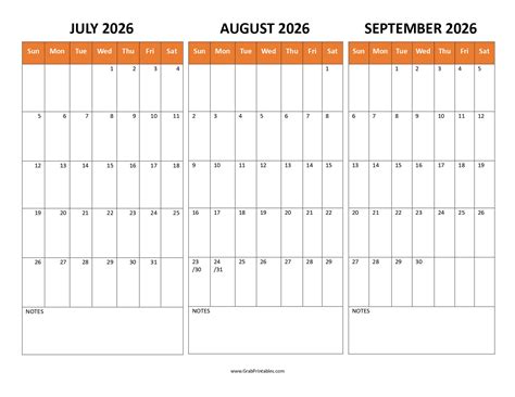 Printable July August September 2026 Calendar Quarter 3