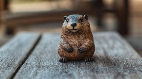 A Small Groundhog Figurine Styled On A Clean Wooden Surface For Stock