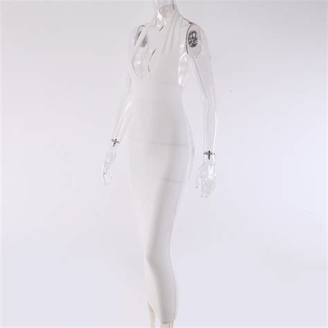 Free Shipping Halter Backless Sexy Knitted Pencil Dress Women White Off