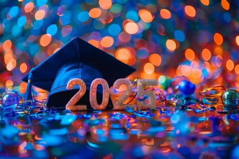 Graduation Cap With 2025 On Confetti Background Premium Ai Generated