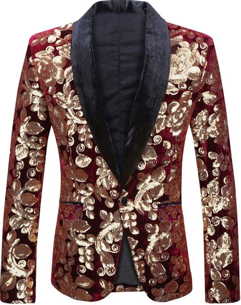 Pyjtrl Men Fashion Velvet Sequins Floral Pattern Suit Jacket Blazer