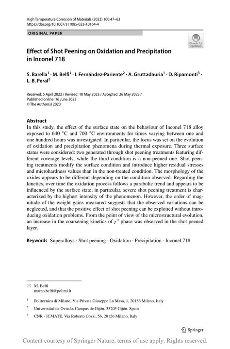 Pdf Effect Of Shot Peening On Oxidation And Precipitation In Inconel 718