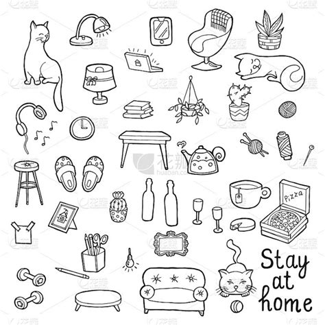 呆在家里。手绘大套舒适的家。在涂鸦风格，黑色的轮廓孤立在白色的背景。卡片，社交媒体横幅，贴纸，印刷，素材 花瓣网