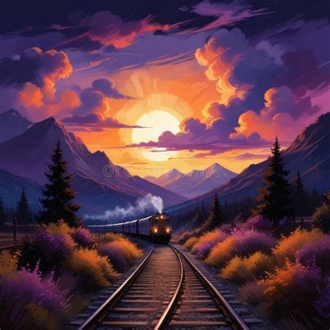 Train On Railroad Tracks At Sunset With Orange And Purple Clouds Stock