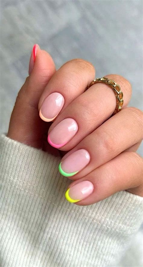 37 Multi Coloured French Tip Short Nails Do You Like Getting Manicures