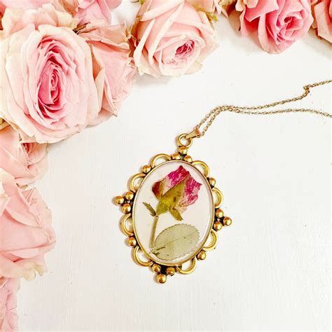 Romantic Rose Necklace Real Rose In Golden Pendant On Chain