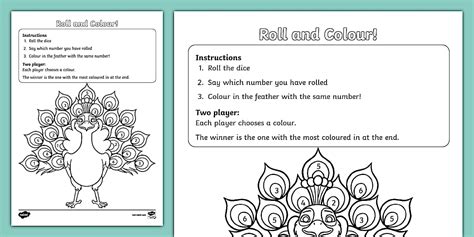 👉 Peacock Themed Roll And Colour Activity Sheet Twinkl