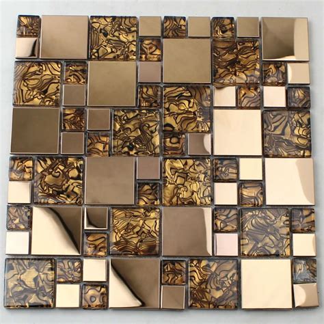 Gold Glass Tile Backsplash Stainless Steel Wall Crystal Glass Metal