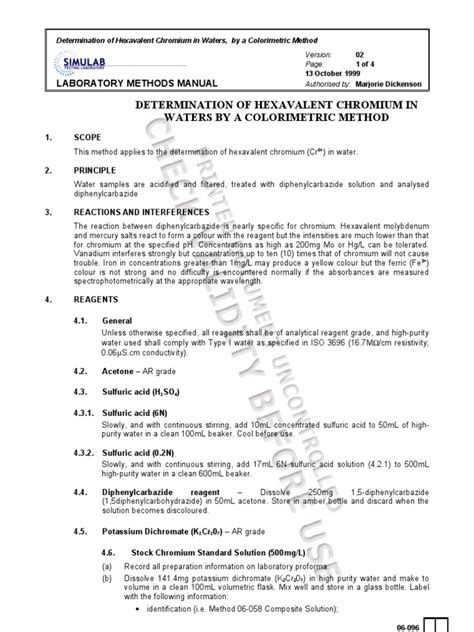 Determination Of Hexavalent Chromium In Waters By A Colorimetric Method Pdf Absorbance