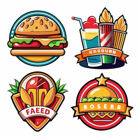 Set Of Colorful Fast Food Logos With Burgers Fries And Drinks Premium