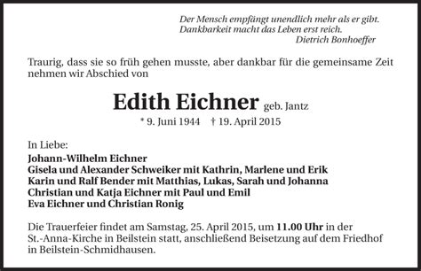 Traueranzeigen Von Edith Eichner Trauerundgedenkende