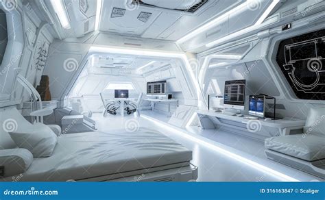 Spaceship Room Interior Design Of White Habitat With Computer Screens In Spacecraft Futuristic