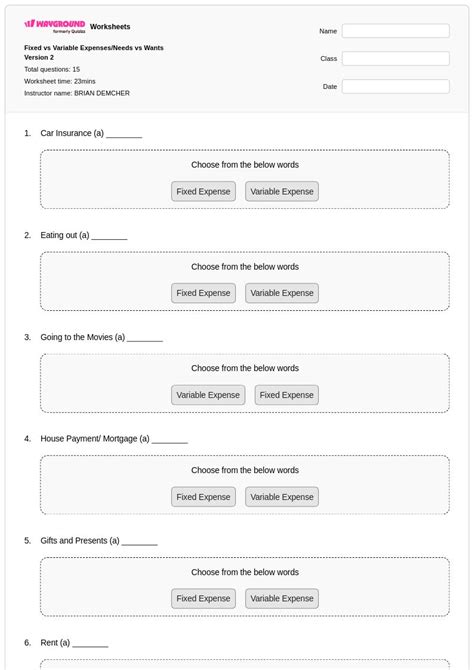 50 Fixed And Variable Expenses Worksheets On Wayground Free And Printable