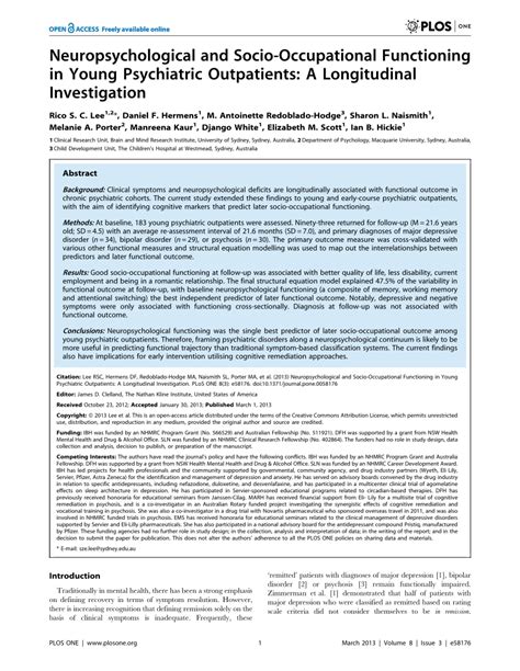 Pdf Neuropsychological And Socio Occupational Functioning In Young