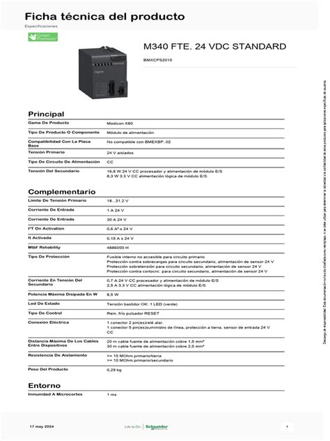 Schneider Electric E S Modicon X80 Bmxcps2010 Pdf Controlador Lógico Programable
