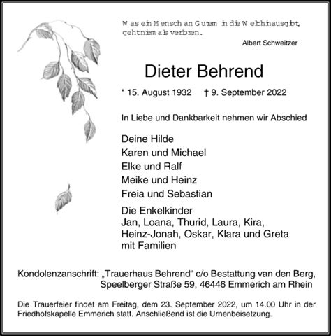 Traueranzeigen Von Dieter Behrend Trauer In Nrw De