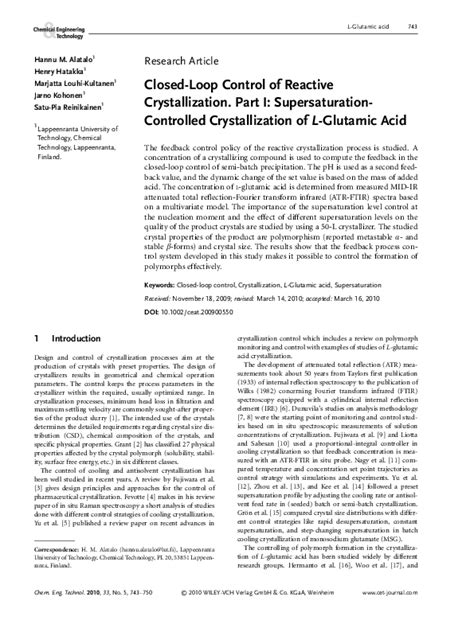 Pdf Closed Loop Control Of Reactive Crystallization Part I