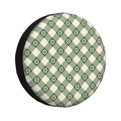 Qokaie Daisy Plaid Green Pattern Tire Cover Waterproof Leather Wheel
