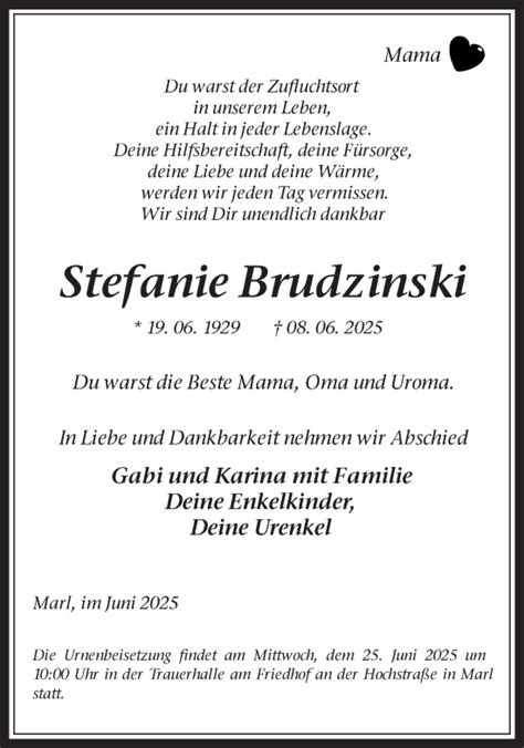 Traueranzeigen Von Stefanie Brudzinski Sich Erinnern De