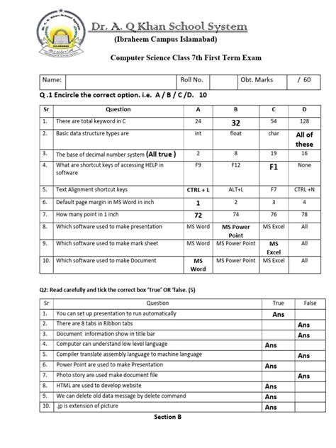 Class 7 Answer Key Pdf
