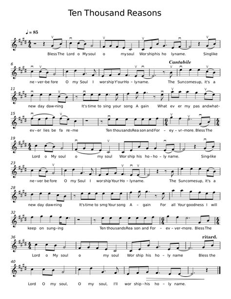 Ten Thousand Reasons Sheet Music For Piano Solo Easy