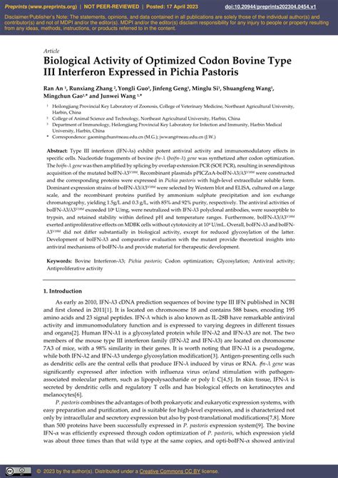 Pdf Biological Activity Of Optimized Codon Bovine Type Iii Interferon Expressed In Pichia Pastoris