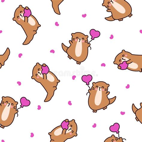 Cute Cartoon Kawaii Otter Seamless Pattern Stock Vector Illustration