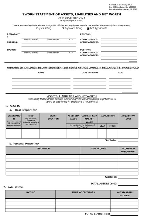 Saln This Is The Saln For Sk Revised As Of January 2015 Per Csc