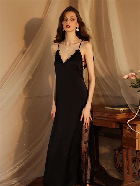 فستان نوم كامي مقلم دانتيل شبكة متباينة شي إن