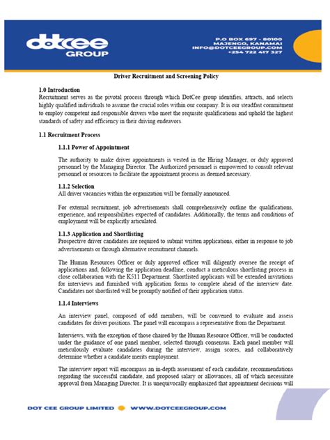 Driver Recruitment And Screening Policy Pdf Recruitment Employment