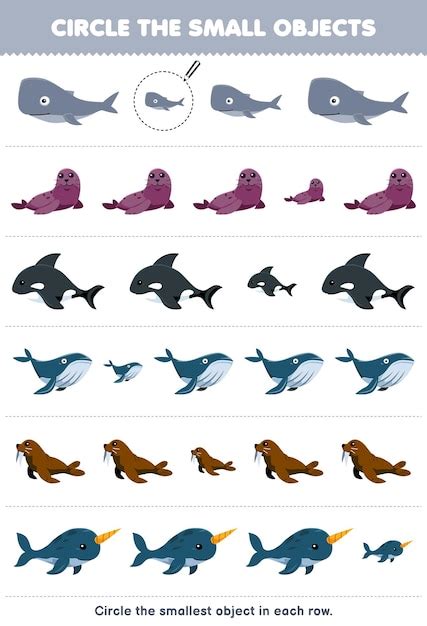 어린이를 위한 교육 게임은 귀여운 만화 고래 바다표범 범고래 일각고래 인쇄용 수중 워크시트의 각 행에서 가장 작은 물체를 원으로 표시합니다 프리미엄 벡터