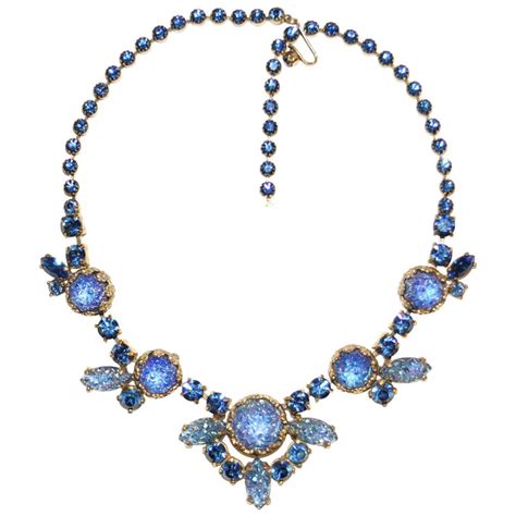 1950s Elsa Schiaparelli Irridescent Blue Art Glass And Rhinestone