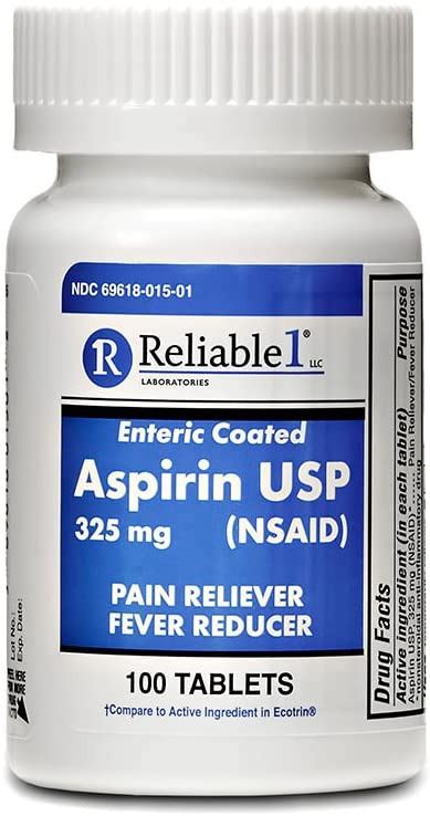 Reliable 1 Aspirin Usp 325 Mg Nsaid 100 Enteric Coated Tablets 1