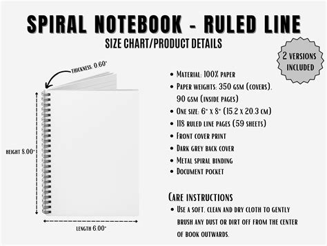 Spiral Notebook Size Chart Ruled Line Guide Digital Download Etsy
